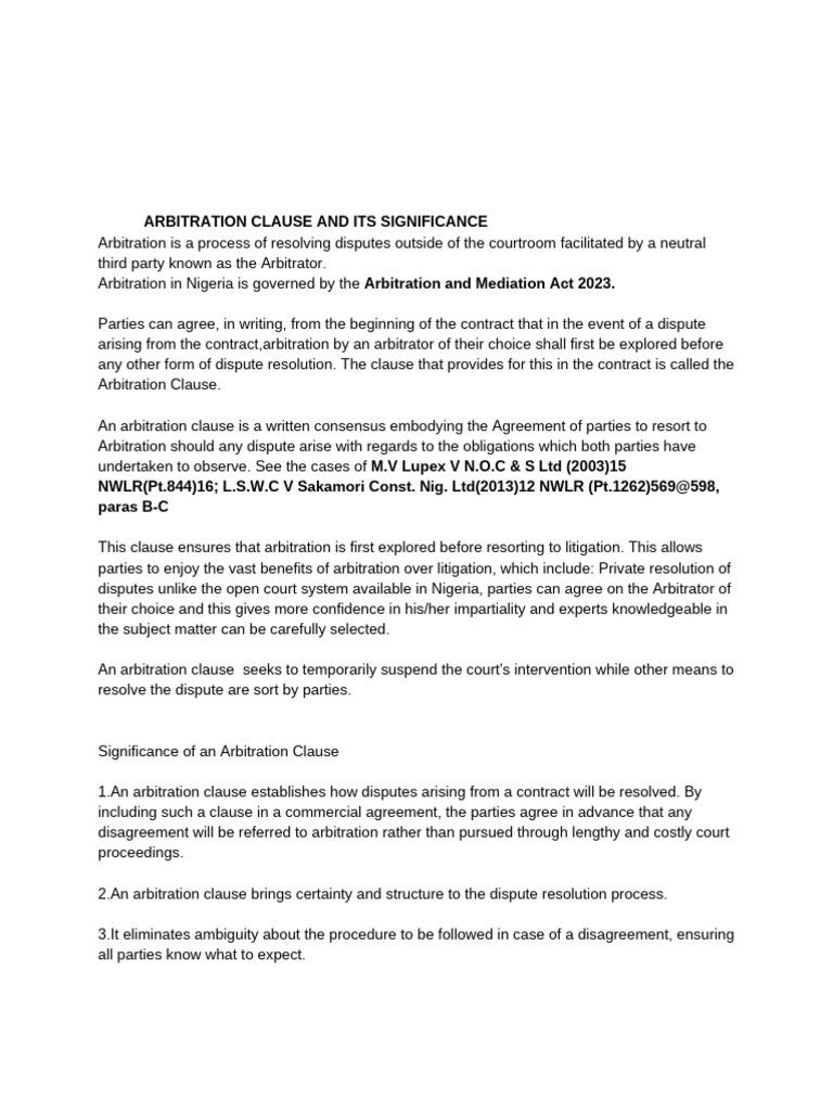Arbitration Clause and Its Significance | PDF