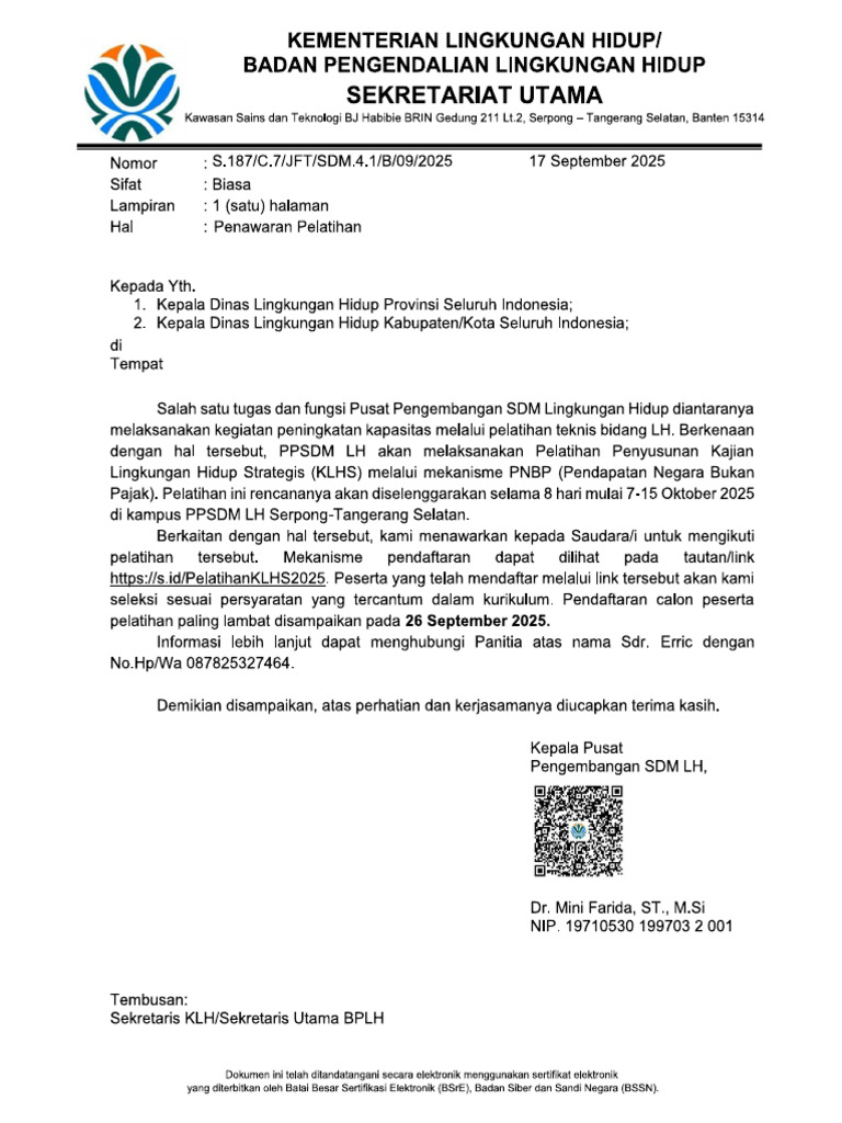 Surat Pelatihan KLHS | PDF