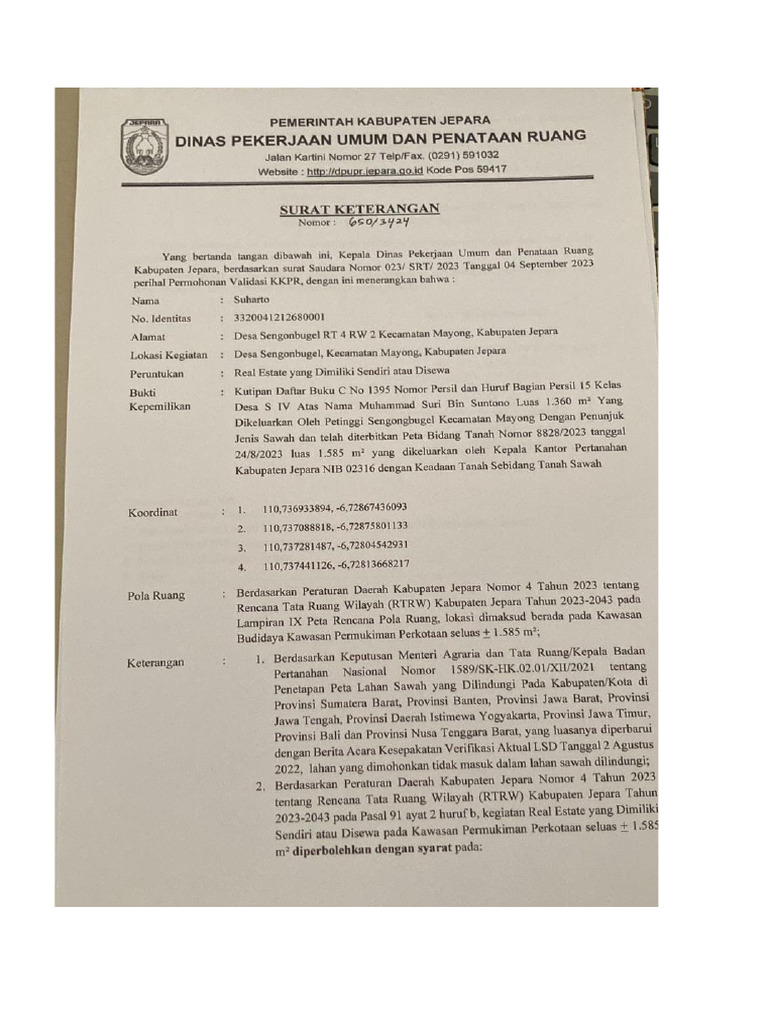 Surat Ket Validasi KKPR | PDF
