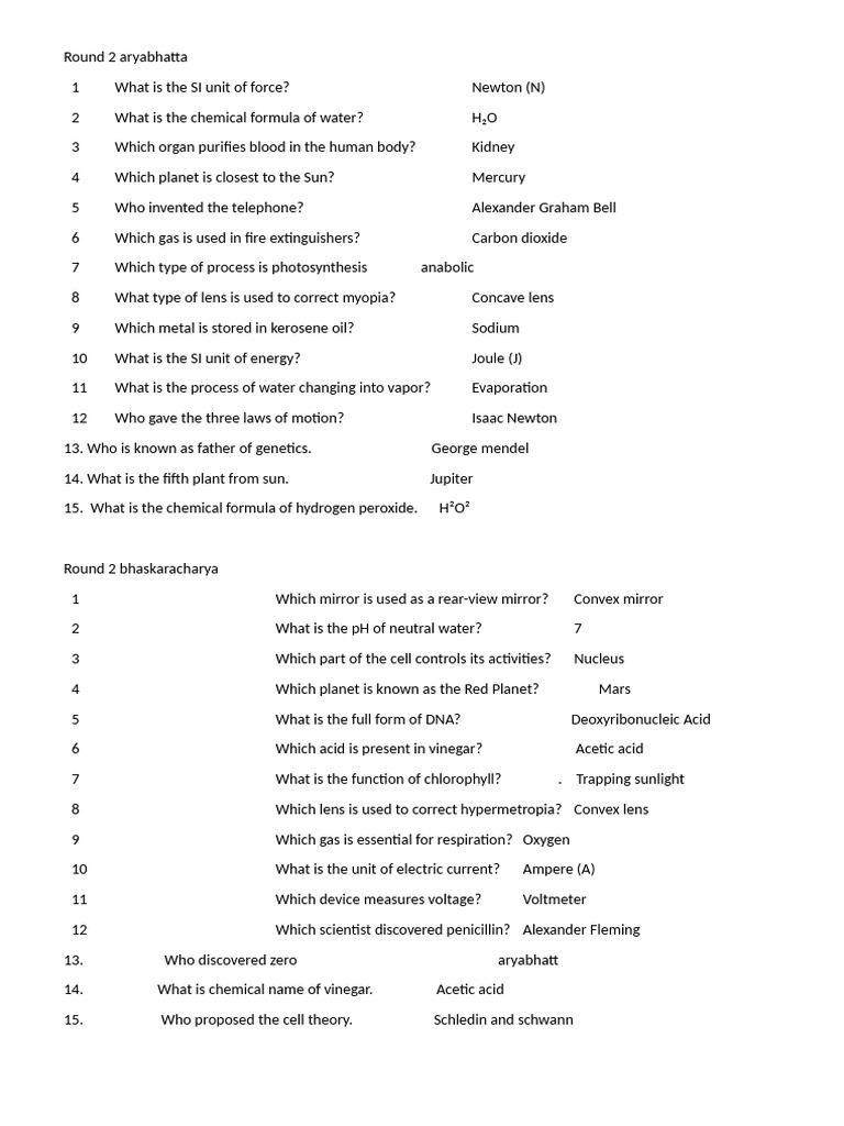 Science Quiz Questions and Answers | PDF | Water | Carbon Dioxide