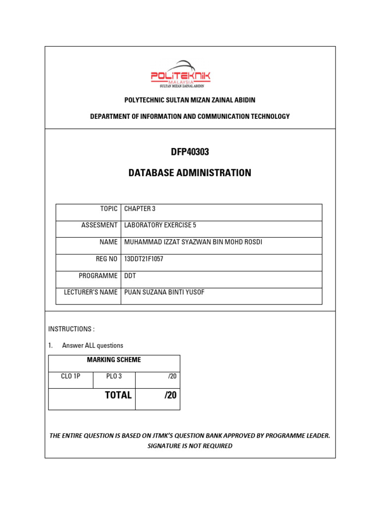 Lab 5 Dfp403030 Database Administration | PDF