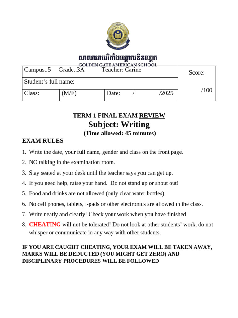 Writing Exam Review for Grade 3A | PDF | Chess | Chess Theory