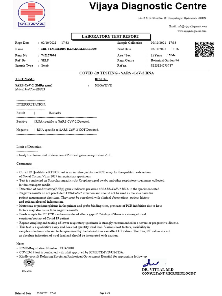 Vijaya Diagnostics RTPCR Report | PDF | Reverse Transcription ...