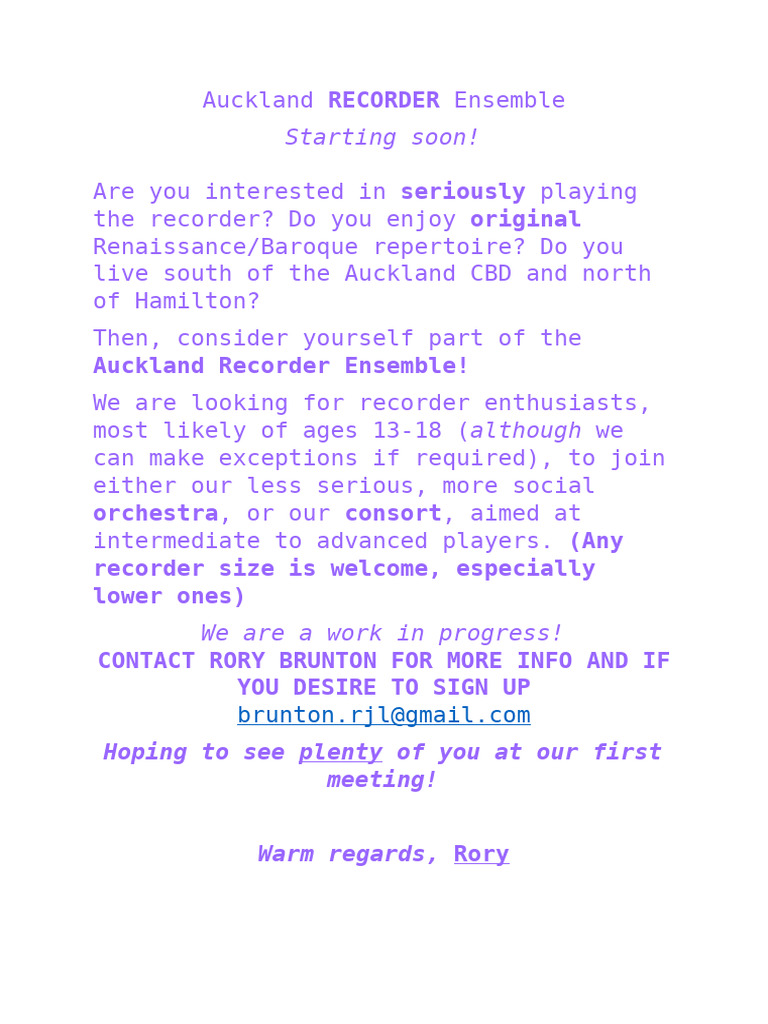 Join the Auckland Recorder Ensemble | PDF