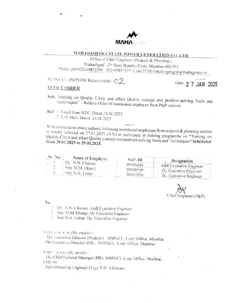Office Order NTC Training Relieved | PDF