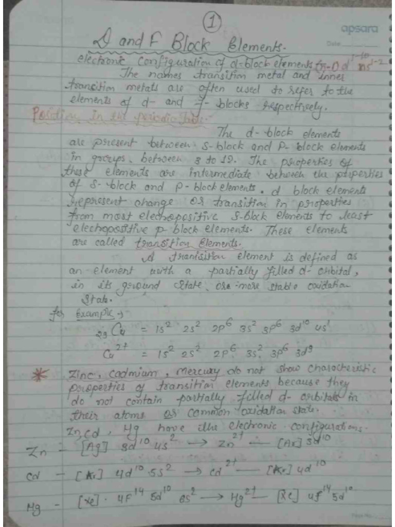 D and F Block Elements Notes | PDF