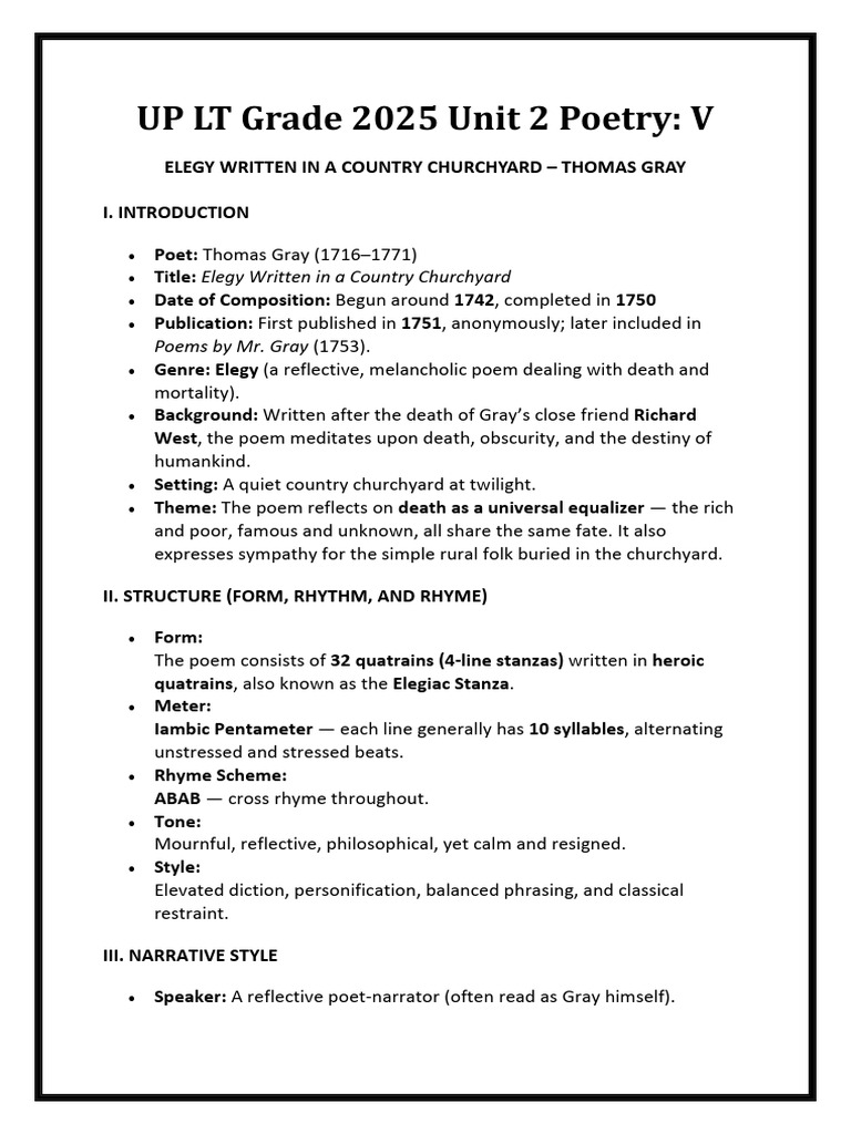 Elegy Written in A Country Churchyard | PDF | Poetry | Phonaesthetics