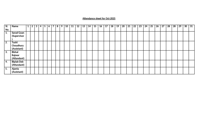 October 2025 Attendance Sheet | PDF