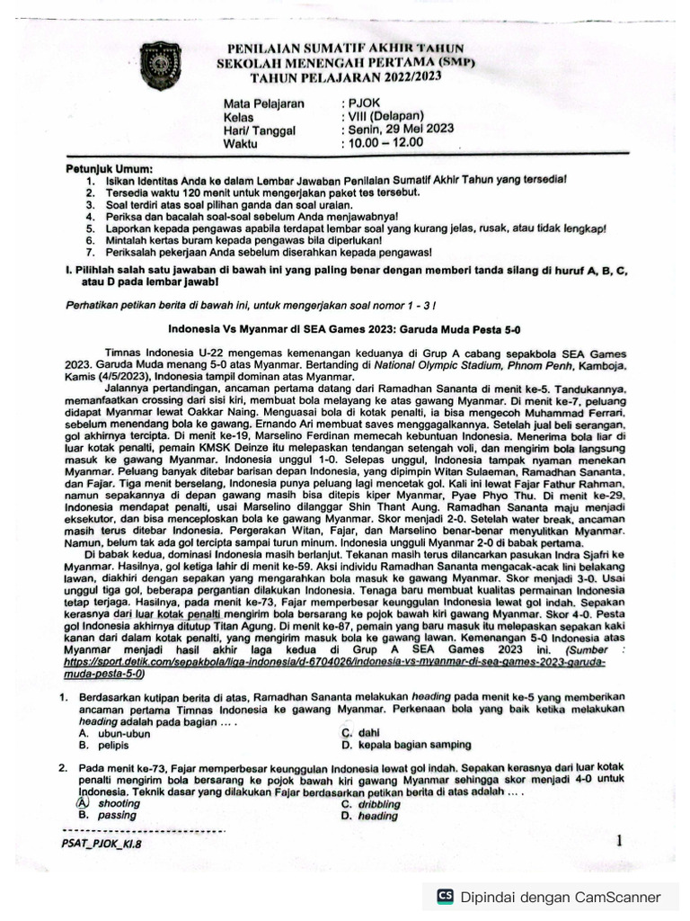 Psat Pjok Kelas 8 2023 | PDF