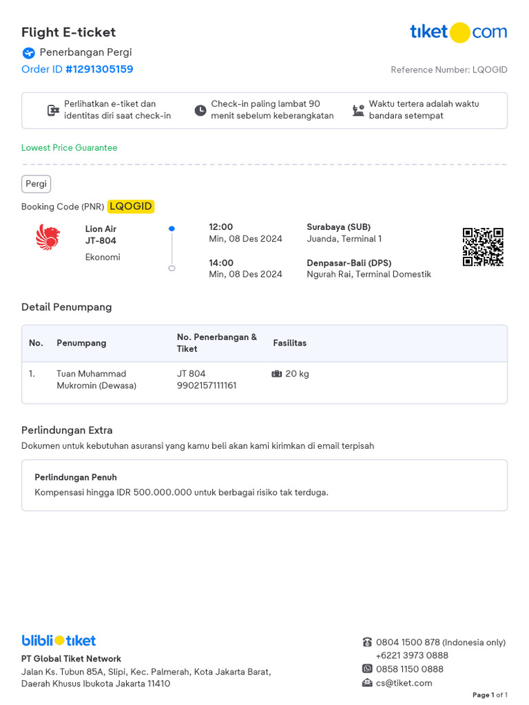 Flight E-Ticket - Order ID - 1291305159 - LQOGID | PDF