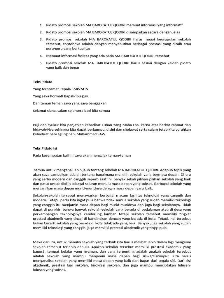 Pidato Promosi Sekolah MA BAROKATUL QODIRI Memuat Informasi Yang ...