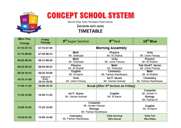 Matric School Time Table Oct 2025 | PDF