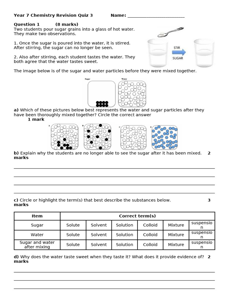 Year 7 Chemsitry Revision Quiz 3 | PDF | Mixture | Suspension (Chemistry)