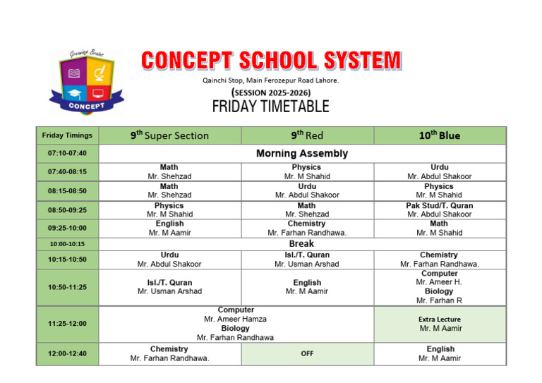 Matric School Time Table Oct 2025 (Friday) | PDF