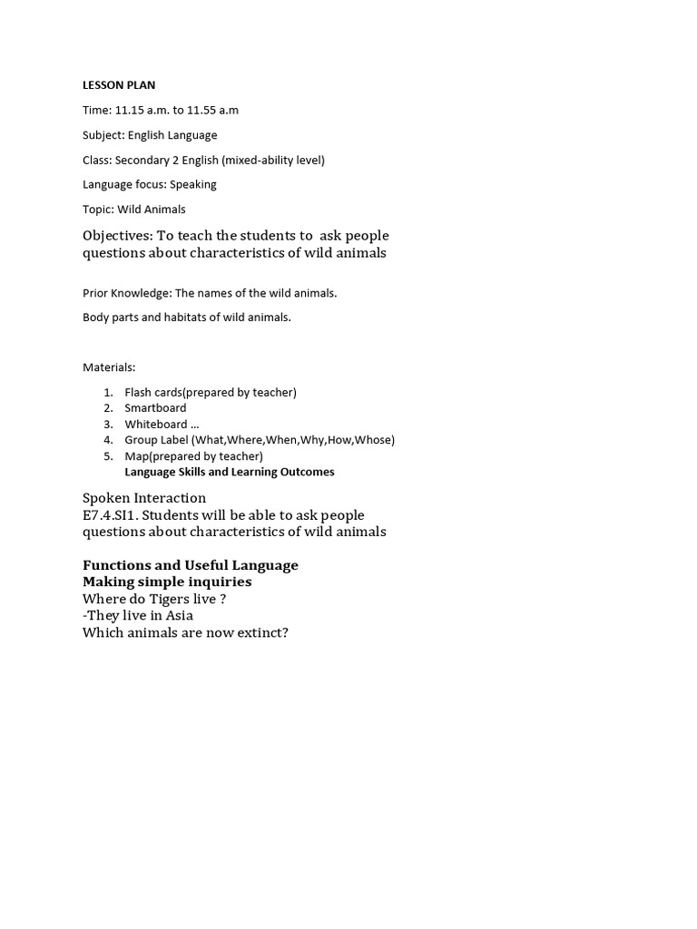 LESSON PLAN Wild Animals | PDF | Question | Teachers