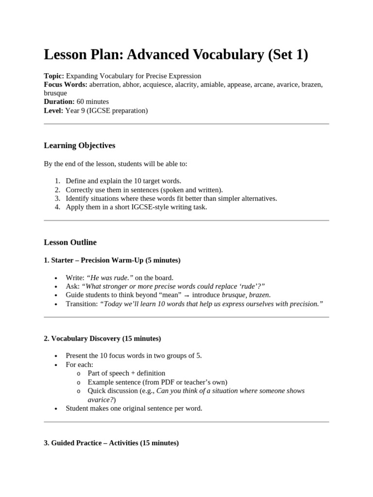 Advanced Vocabulary Lesson Plan for IGCSE | PDF | Vocabulary | Cognition