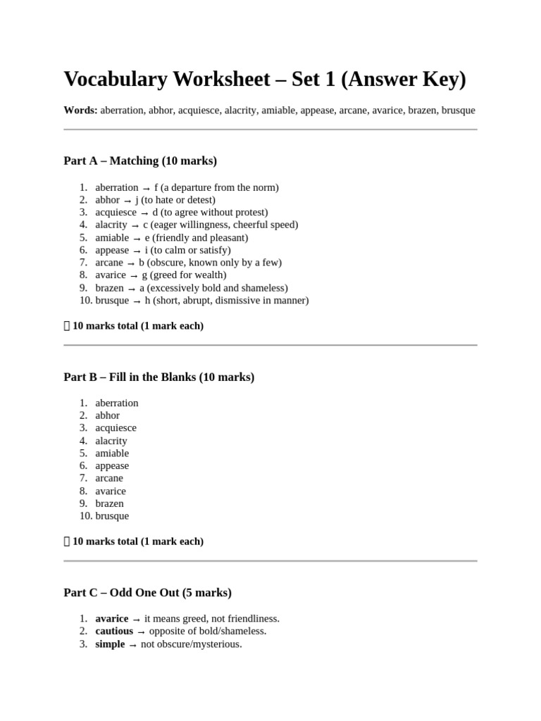 Vocabulary Worksheet Answer Key | PDF