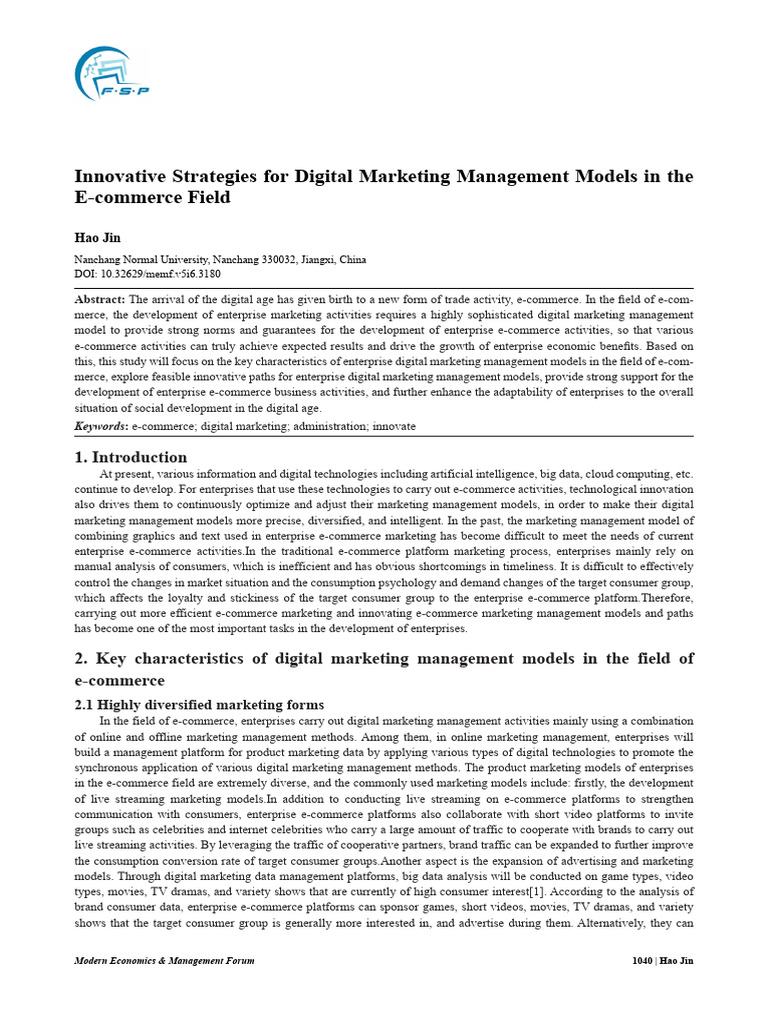 Innovative Strategies For Digital Marketing Management Models in The E ...