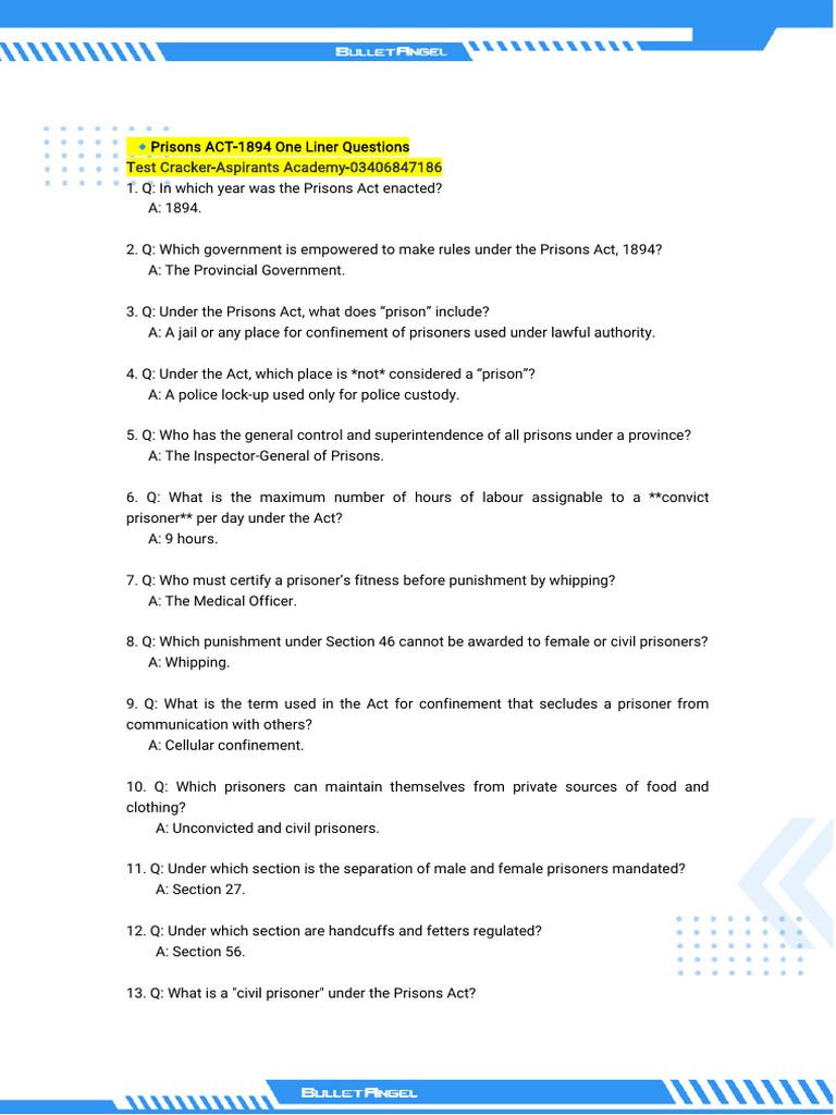 Prisons Act 1894: Key Q&A Insights | PDF | Prison | Pardon