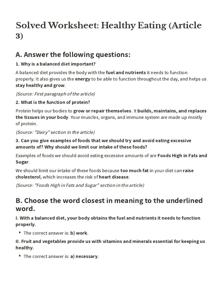 Healthy Eating Worksheet Answers | PDF