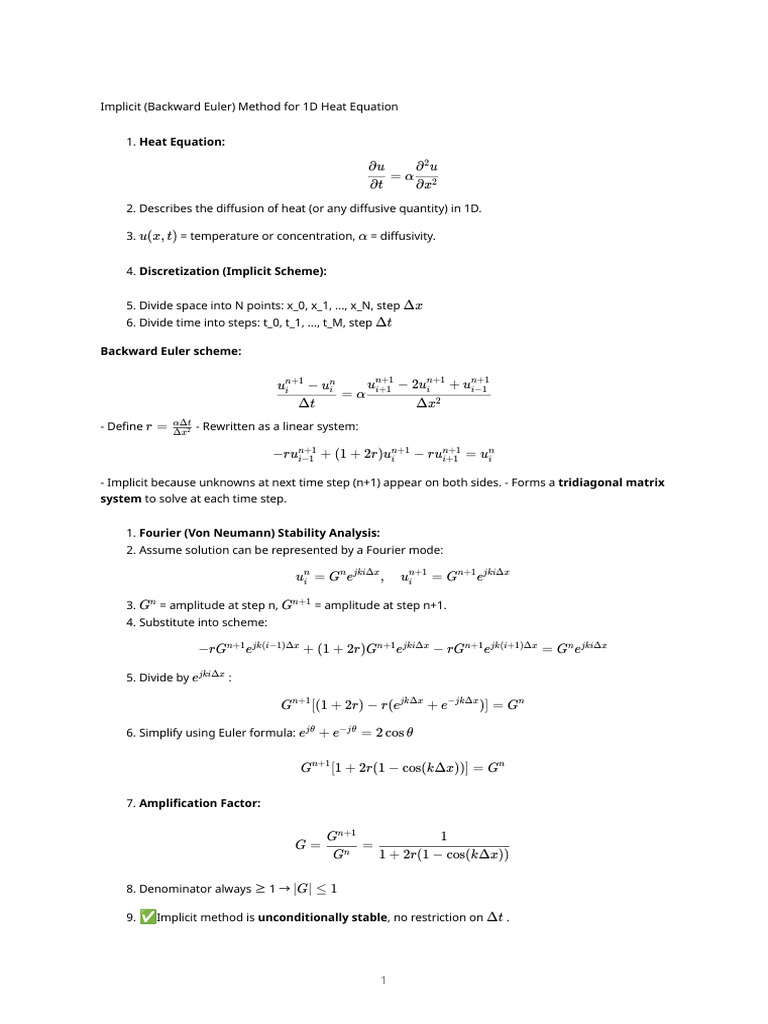 Implicit Method for 1D Heat Equation | PDF | Fourier Series | Equations