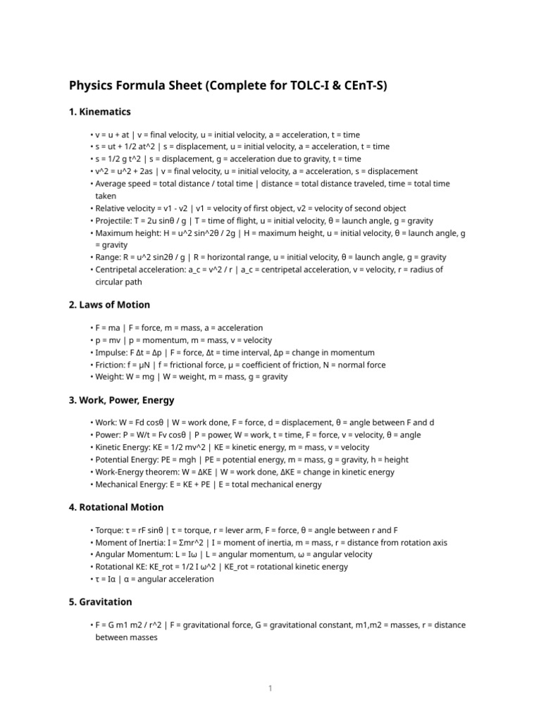 Physics Formula Sheet Tolc I Complete | PDF | Torque | Acceleration