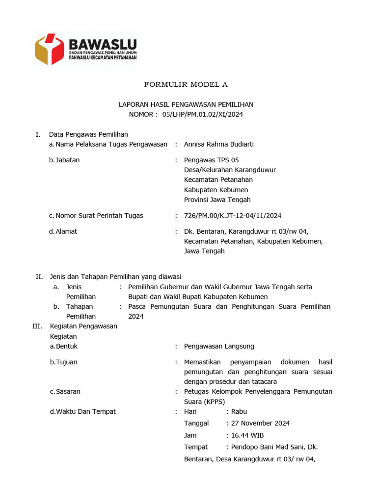 Form A Pengawasan Pilkada 2024 - (Pasca Pemungutan Dan Penghitungan Suara) | PDF