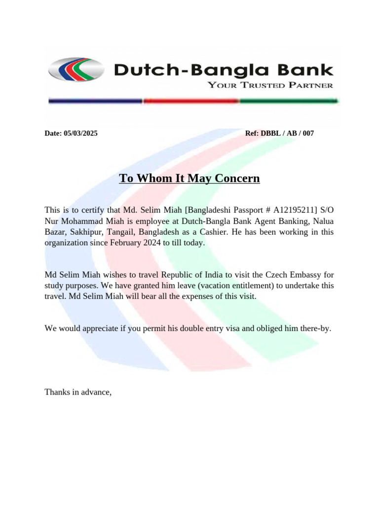 To Whom It May Concern: Date: 05/03/2025 Ref: DBBL / AB / 007 | PDF