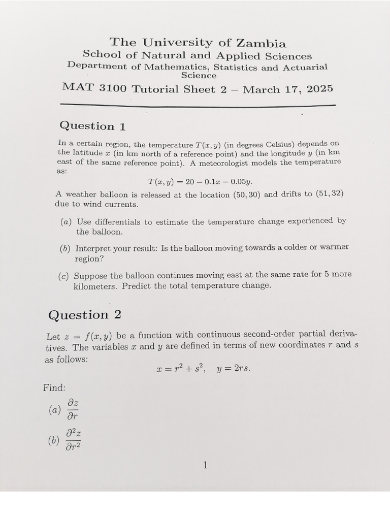 Mat-3100 Tutorial Sheet 2, 2025 | PDF