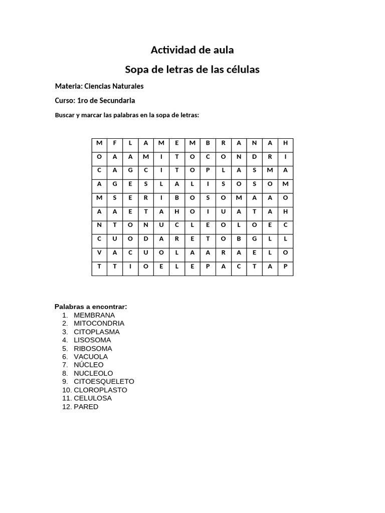 Sopa de letras: Células y sus partes | PDF