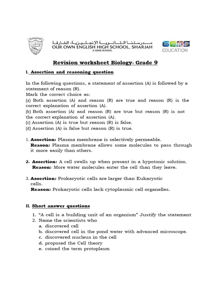 Grade 9 - Biology Revision Worksheet - Fundamental Unit of Life 2025-26 ...