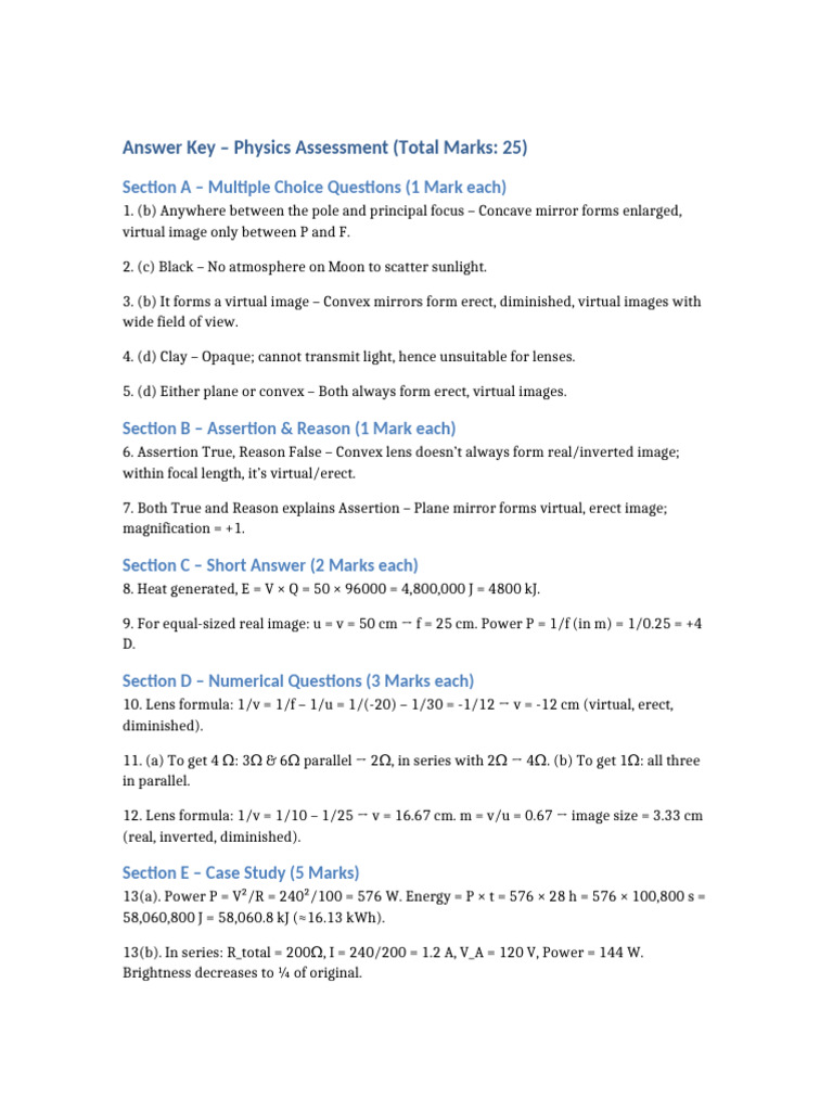 Physics Assessment Answer Key | PDF