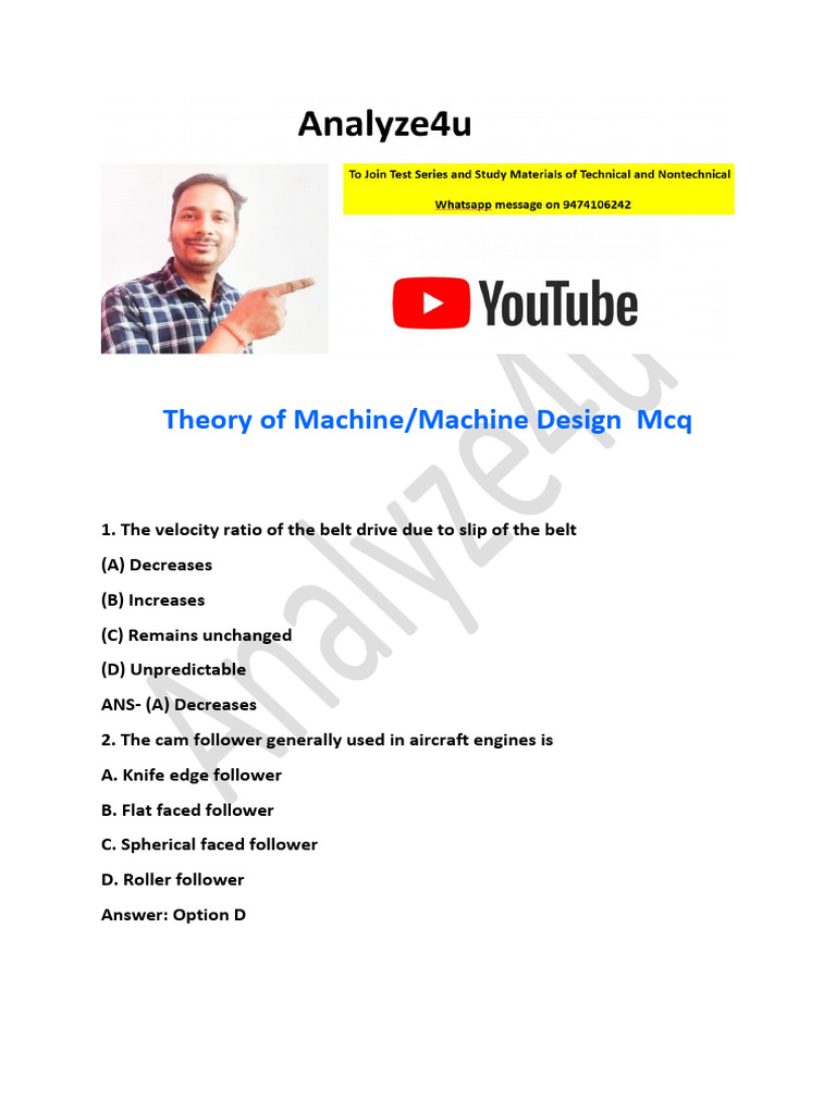 Machine Design Theory MCQs Guide | PDF | Gear | Belt (Mechanical)