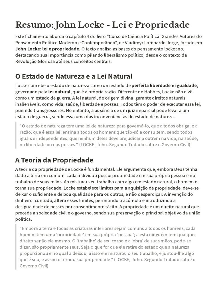 Resumo John Locke - Lei e Propriedade | PDF | John Locke | Estado