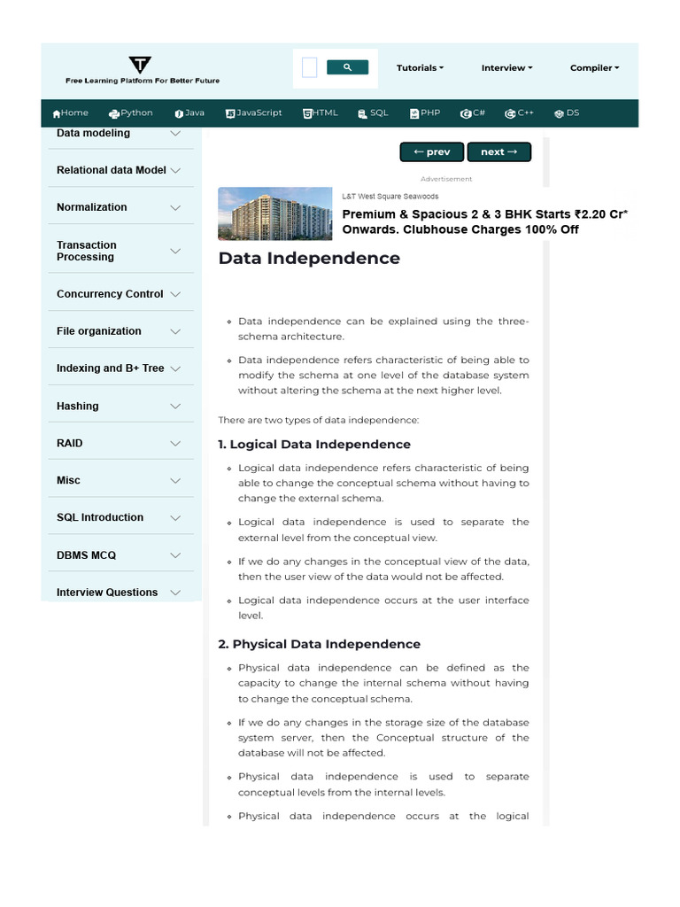 DBMS Data Independence - Javatpoint | PDF | Databases | Computing