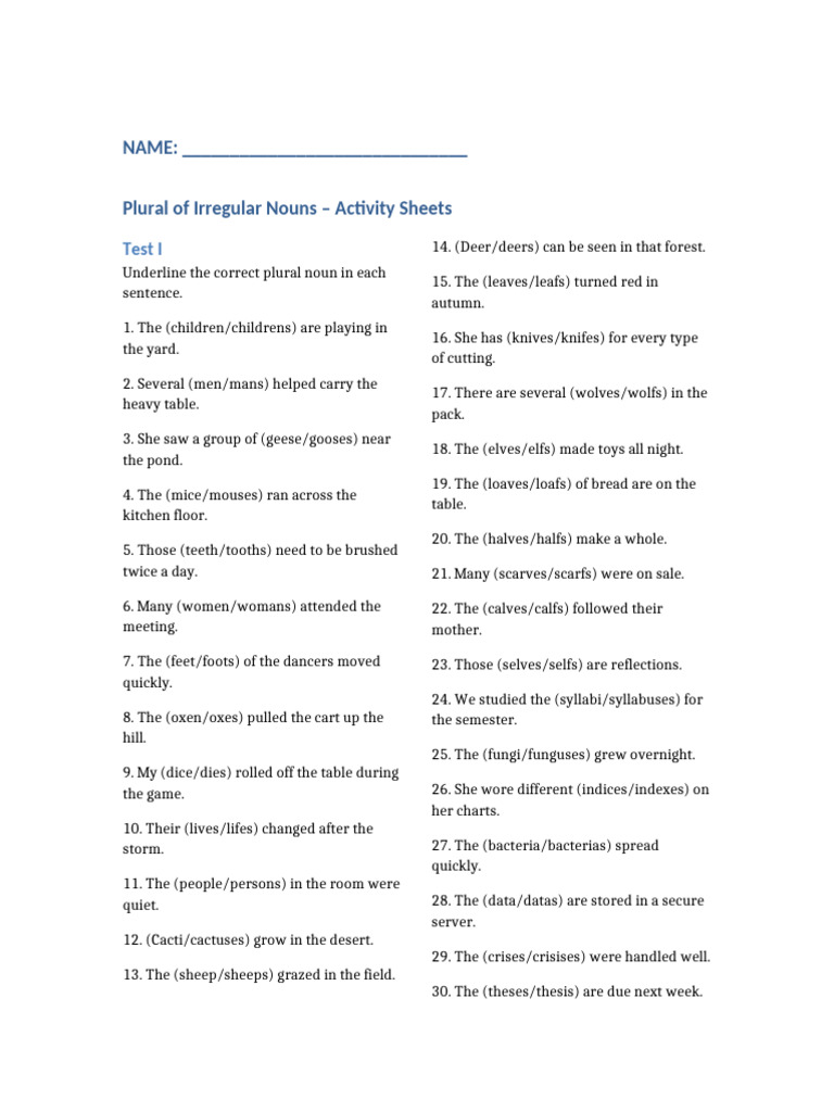 Irregular Nouns Plural Worksheets | PDF