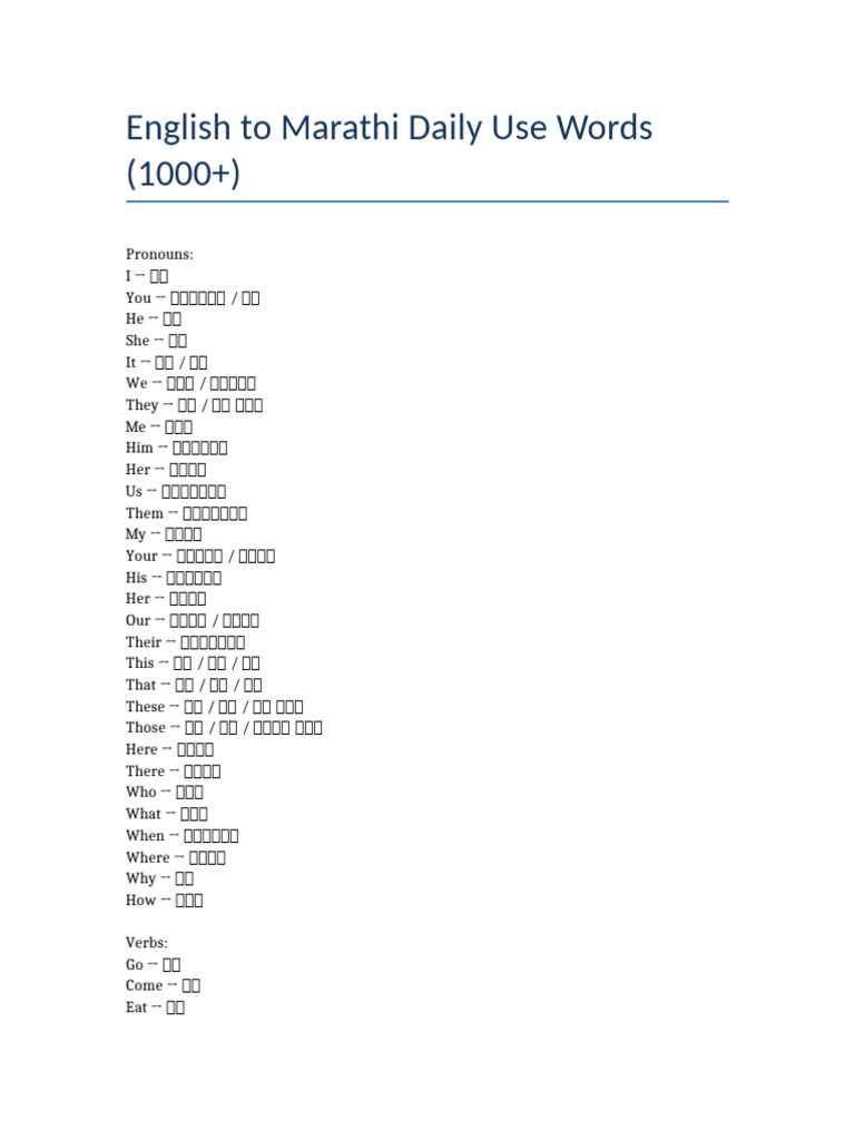 English To Marathi 1000 Words | PDF