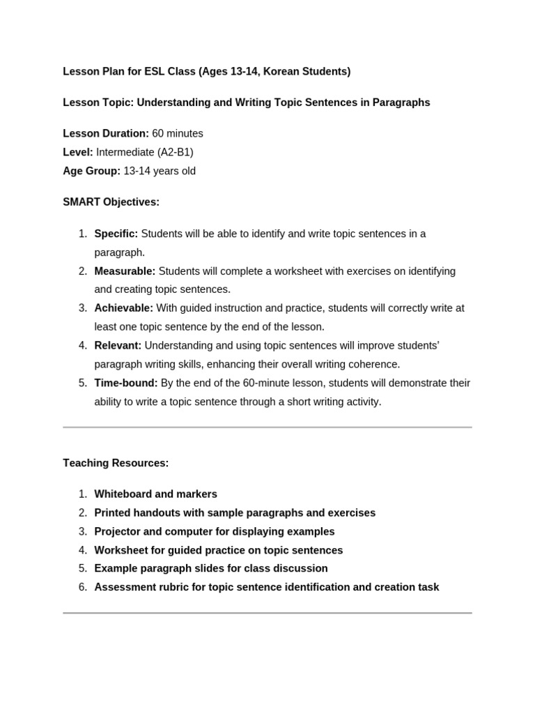 Lesson Plan For ESL Class (Ages 13-14, Korean Students) | PDF | Lesson ...