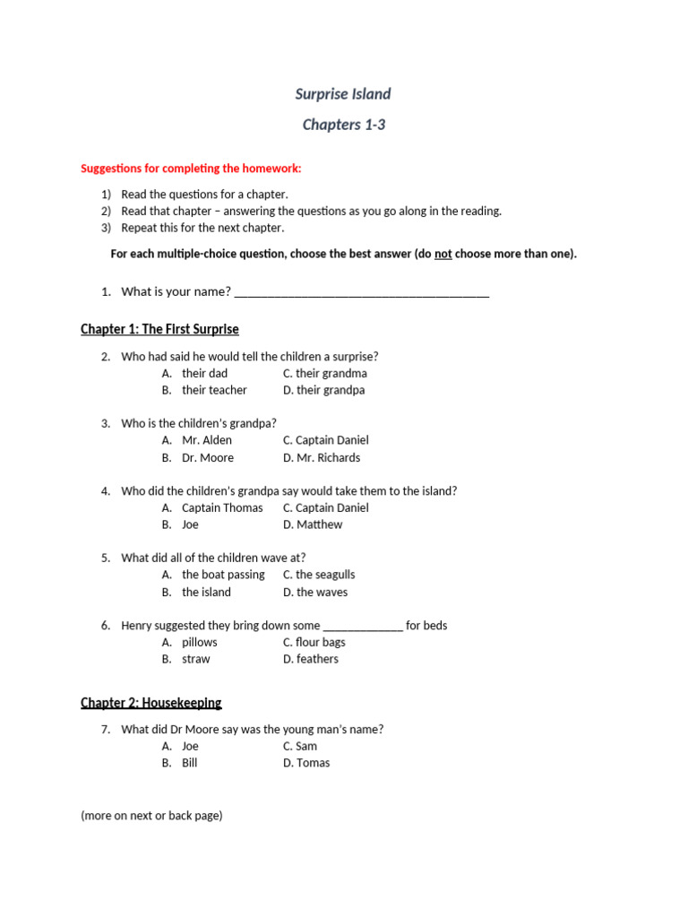 Surprise Island Homework Guide: Chapters 1-15 | PDF | The Boxcar Children