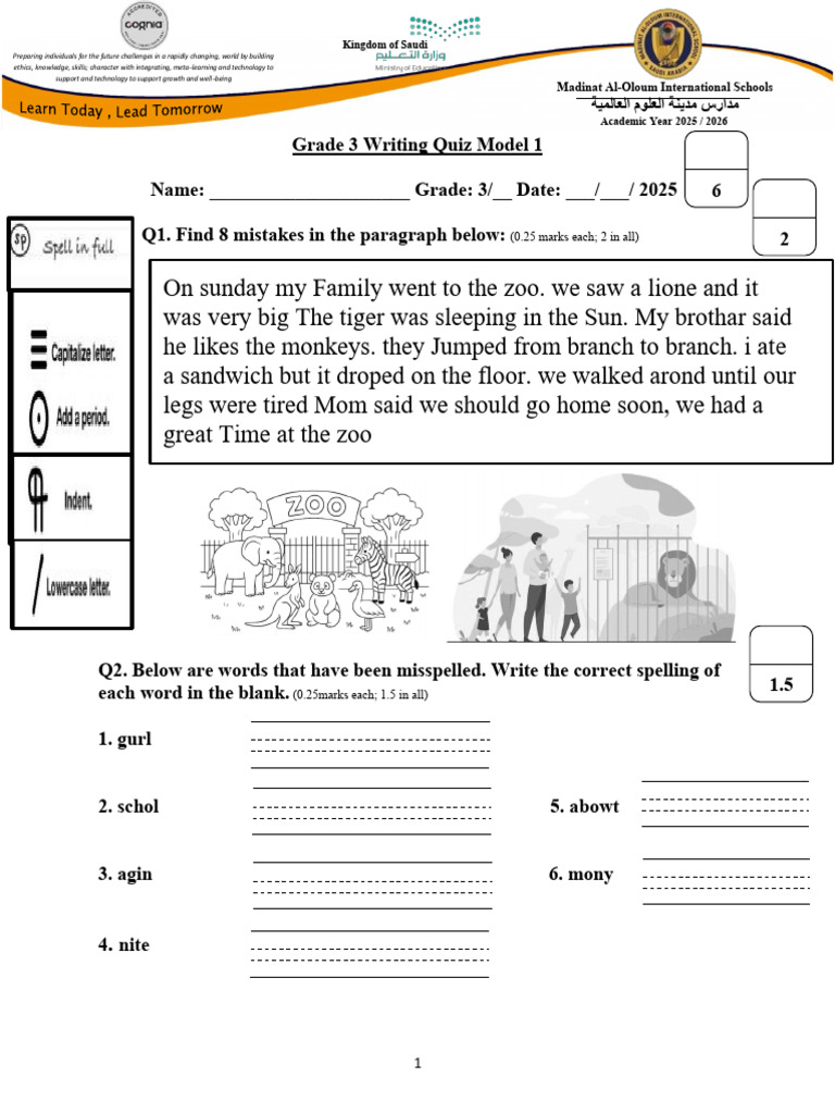 Gr3 Writing Quiz Week 7 Model 1 | PDF