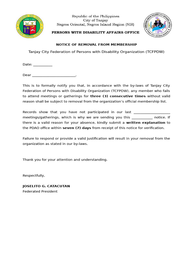Membership Removal Notice Template | PDF