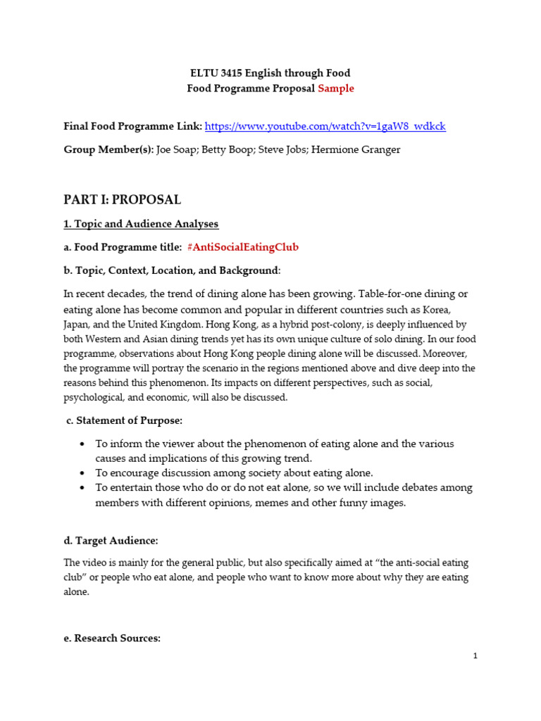 Sample 1 - Food Program Proposal and Video Link | PDF | Human Communication