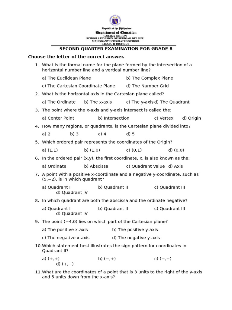 Exam Math g8 q2 Matatag | PDF | Cartesian Coordinate System | Volume