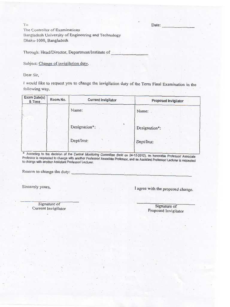 Application Form For Change of Invigilation Duty | PDF
