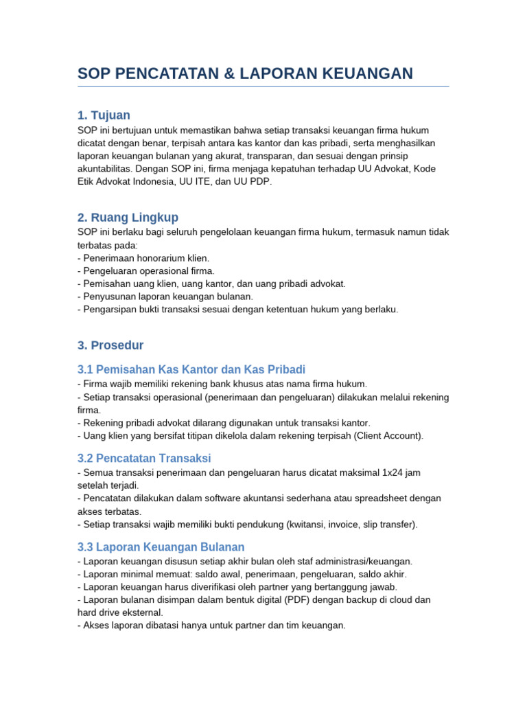 SOP Pencatatan Keuangan Firma Hukum | PDF