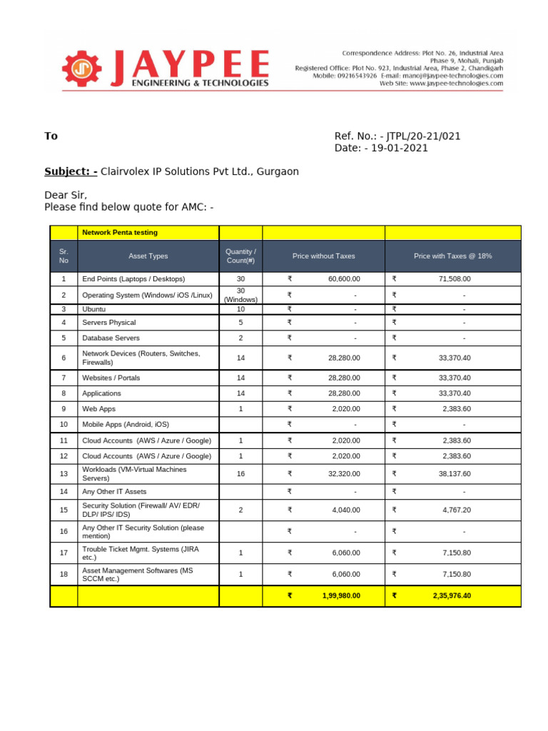 AMC Quote for Clairvolex IP Solutions | PDF | Mobile App | Apache Http ...