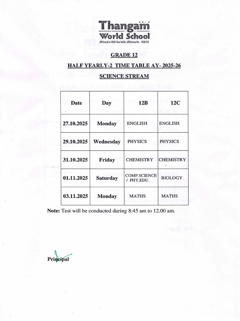 Grade 12 - Half Yearly 2 Exam Time Table and Portions Science Stream | PDF