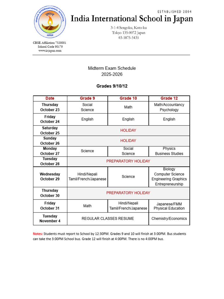 2526 Midterm Exams Grades 9-10-12 | PDF