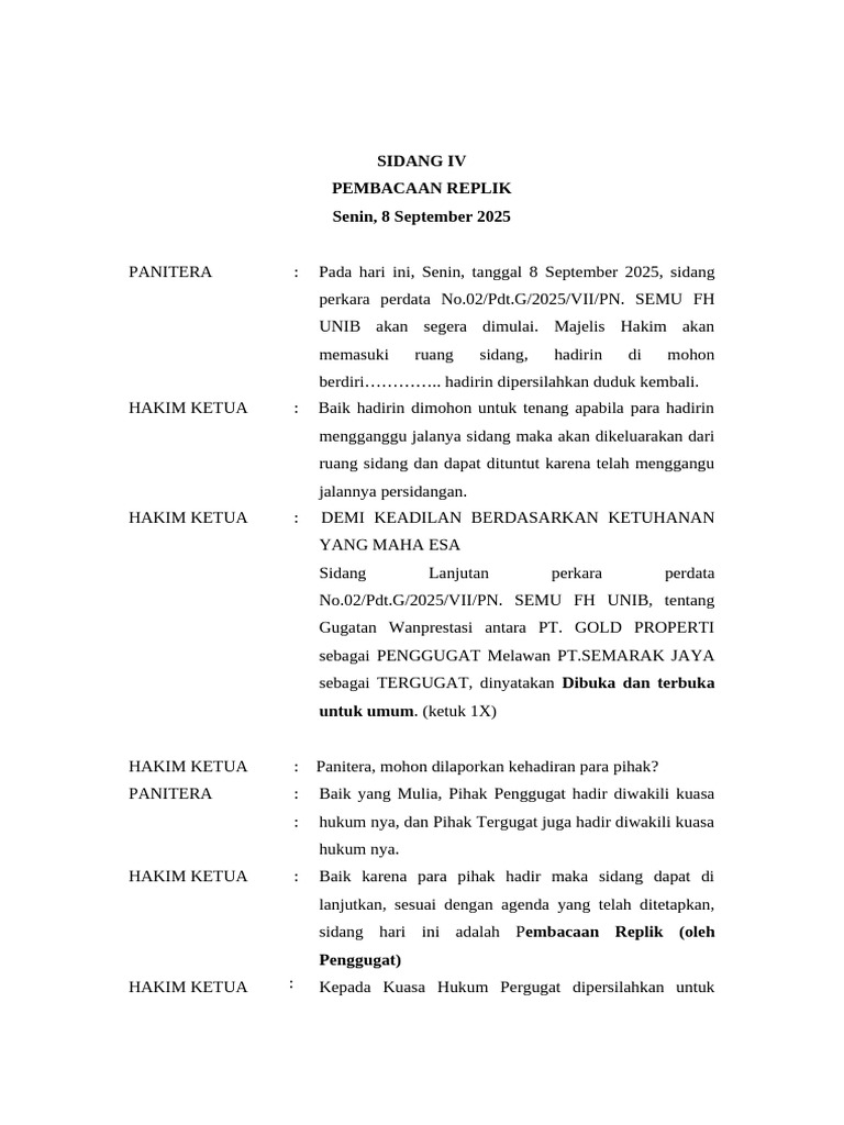 Dialog Sidang IV Perdata (Pembacaan Replik) - 1 | PDF