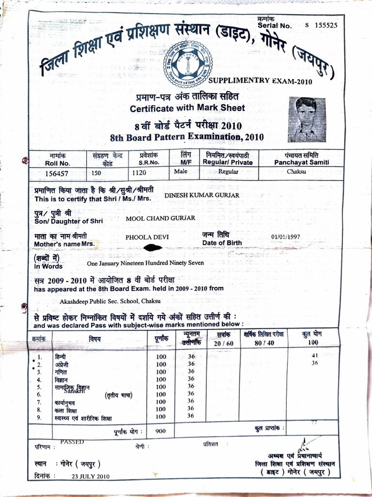 8th Board Exam Certificate 2010 | PDF